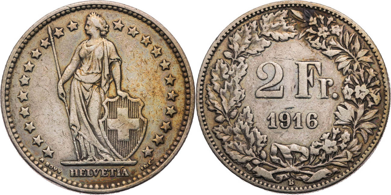 Schweiz 2 Franken 1916 B Helvetia - Kursmünze (1874-1967) ss | MA-Shops