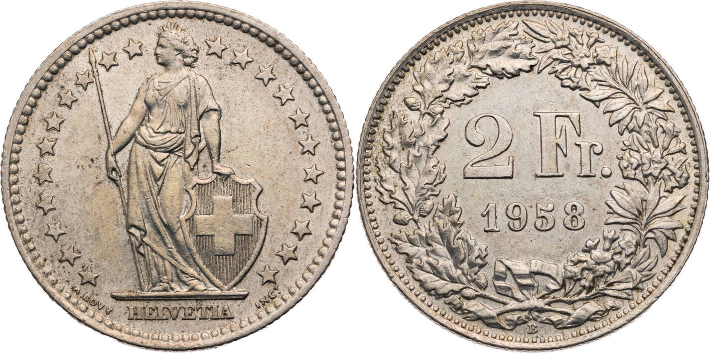 Schweiz 2 Franken 1958 B Helvetia - Kursmünze (1874-1967) ss+ | MA-Shops