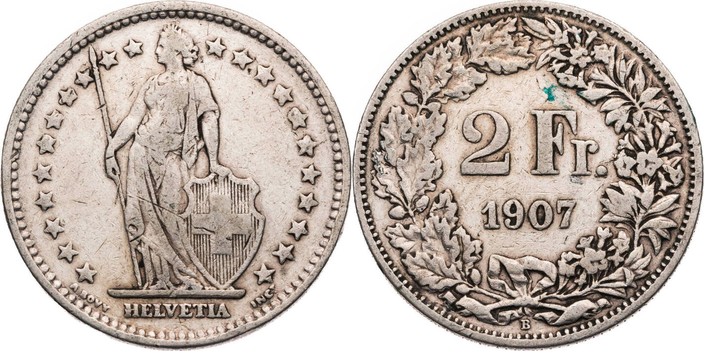Schweiz 2 Franken 1907 B Helvetia - Kursmünze (1874-1967) s-ss | MA-Shops