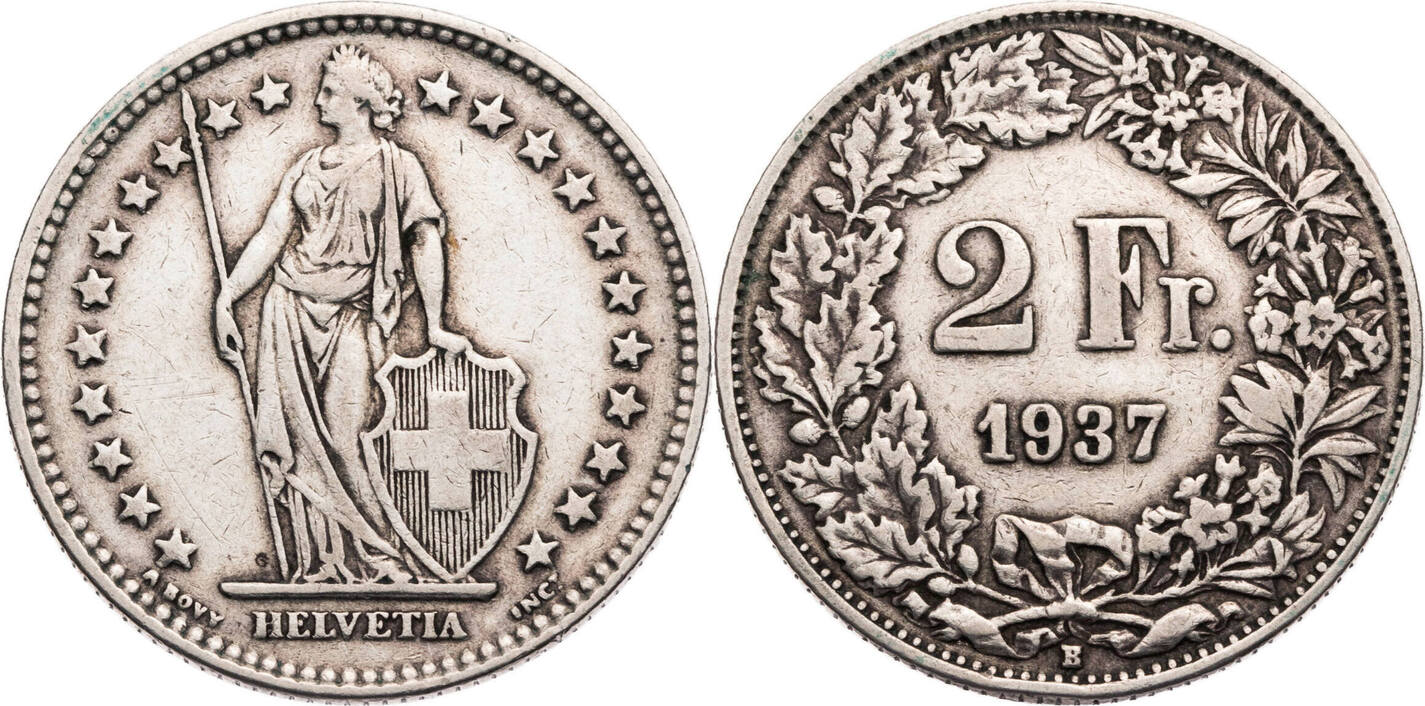 Schweiz 2 Franken 1937 B Kursmünze Helvetia ss | MA-Shops