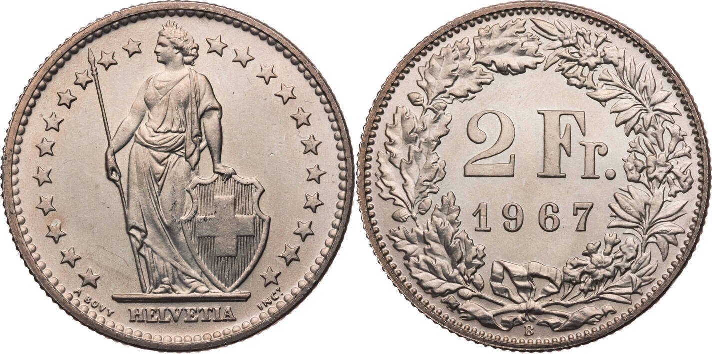 Schweiz 2 Franken 1967 B Helvetia - Kursmünze (1874-1967) vz+ | MA-Shops