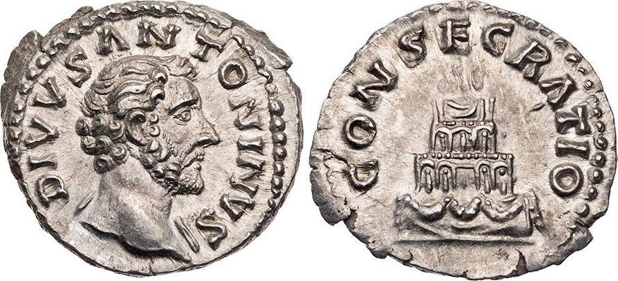 Römische Kaiserzeit Denar 161 n. Chr. Divus Antoninus Pius, Kopf / CONSECRATIO, vierstufiger ...