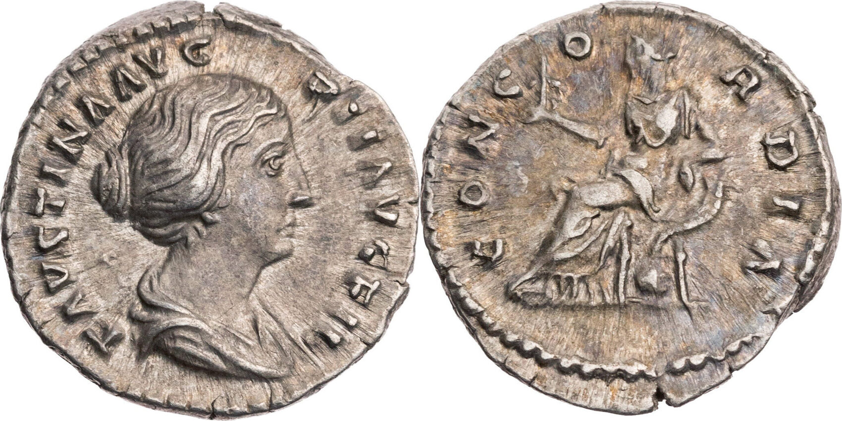 Römische Kaiserzeit Denar 147-149 n. Chr. Faustina minor, Büste / CONCORDIA, Concordia mit Blüte ...