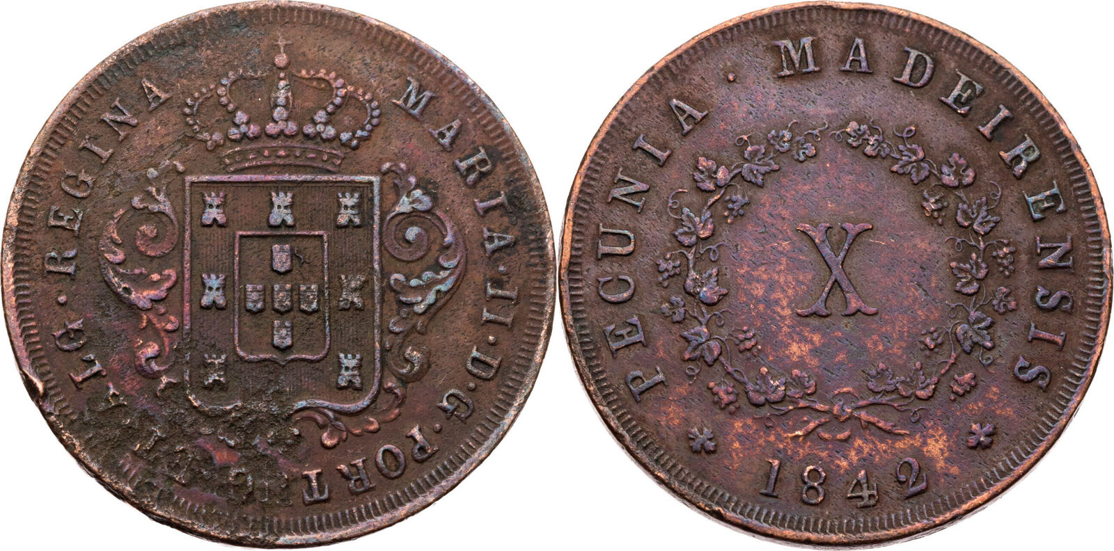 Madeira 10 Reis 1842 Maria II. (1834-1853) - Kursmünze (1842-1852) ss ...