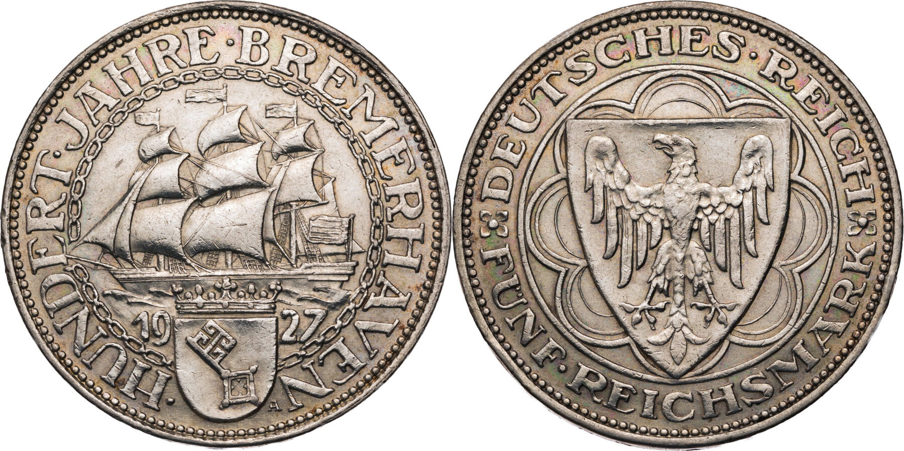 Weimarer Republik 5 Reichsmark 1927 A 100 Jahre Bremerhaven ss+, Rf ...