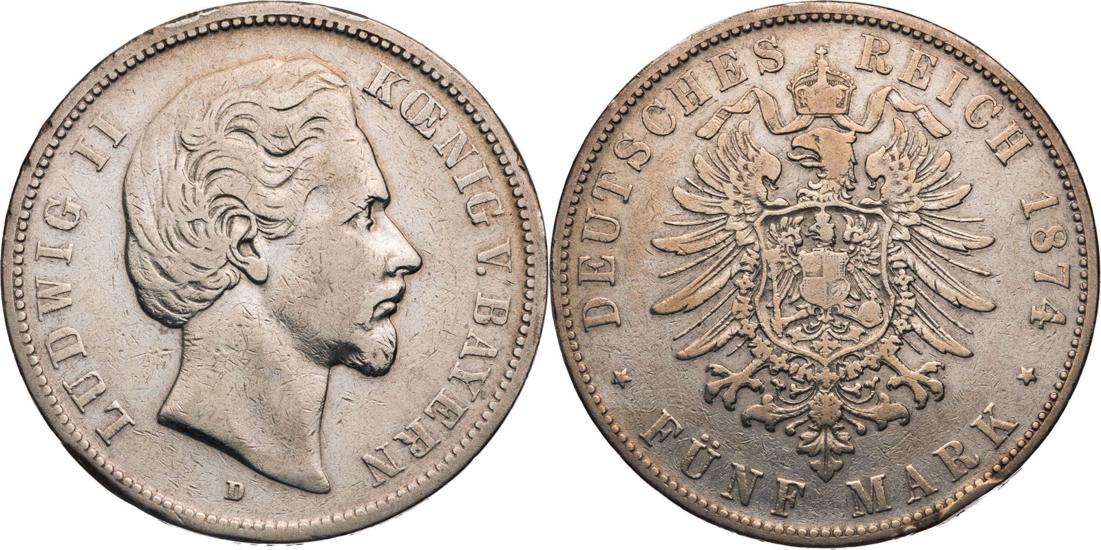 Kaiserreich, Bayern 5 Mark 1874 D Ludwig II. (1864-1886) - Kursmünze ...