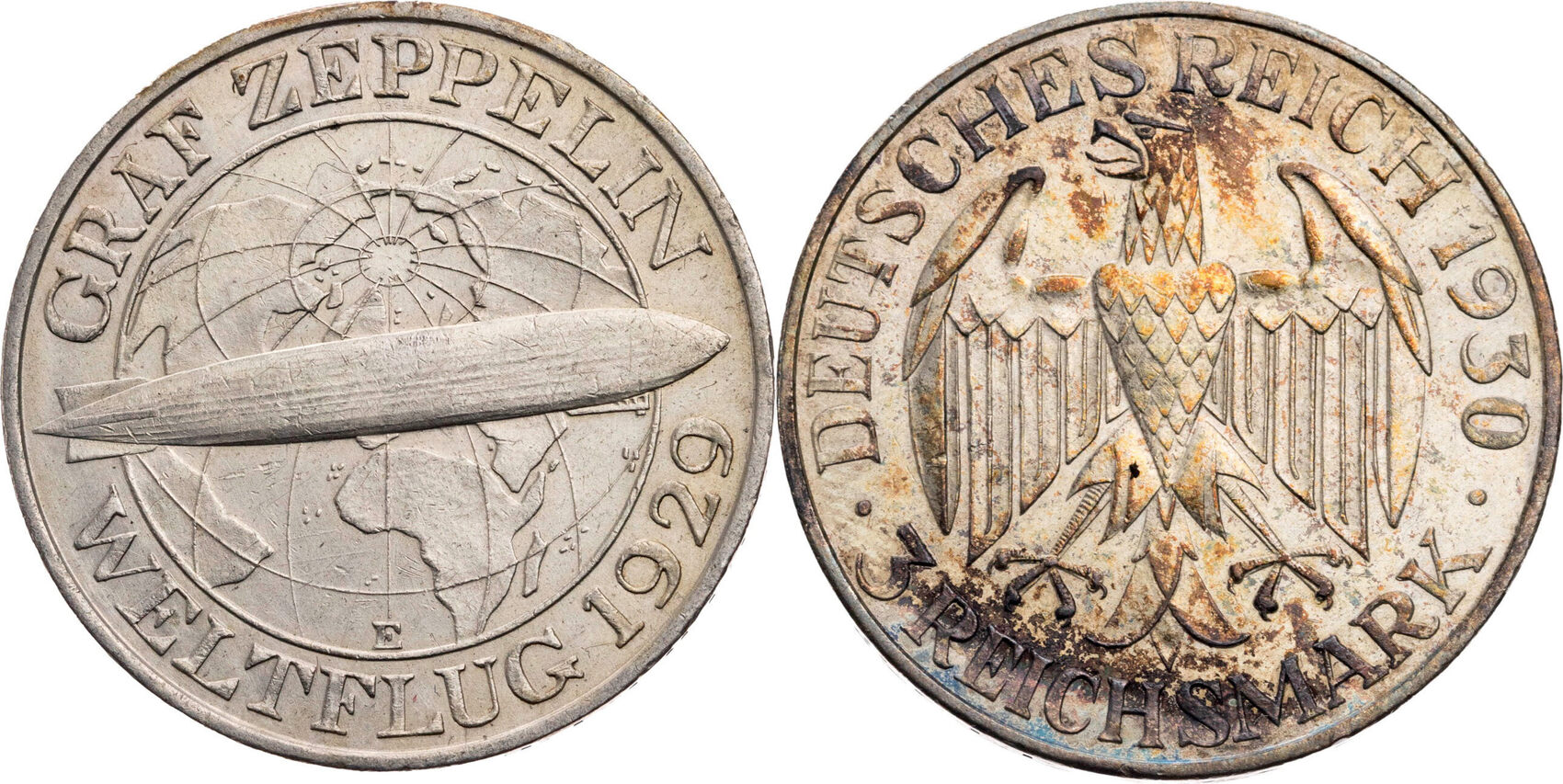 Weimarer Republik 3 Reichsmark 1930 E Zum Weltflug des Graf Zeppelin ...
