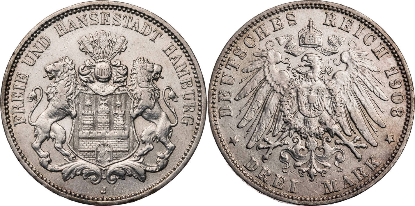 Kaiserreich, Hamburg 3 Mark 1908 J Kursmünze (1908-1914) ss | MA-Shops