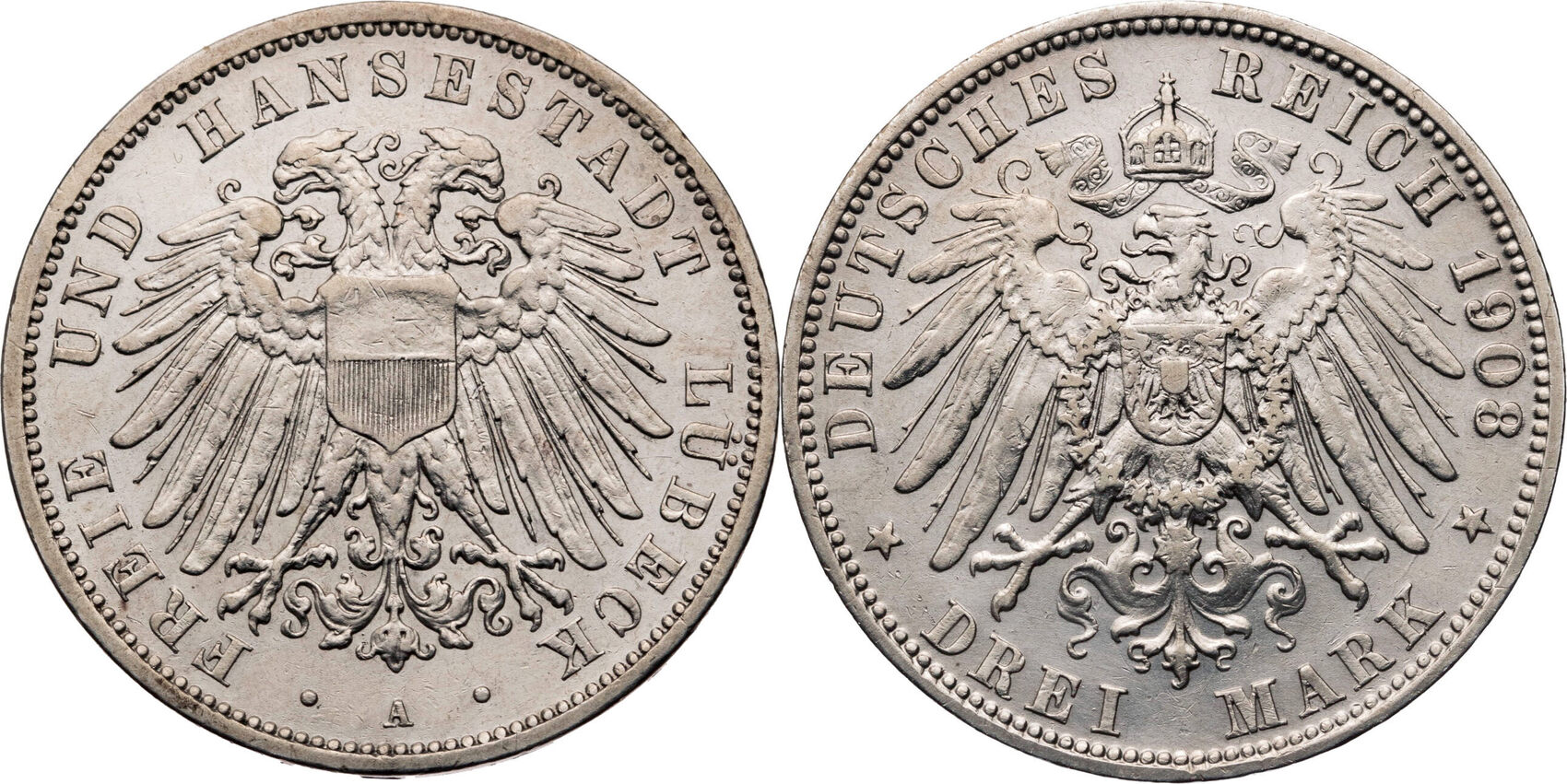 Kaiserreich, Lübeck 3 Mark 1908 A Kursmünze (1908-1914) ss | MA-Shops