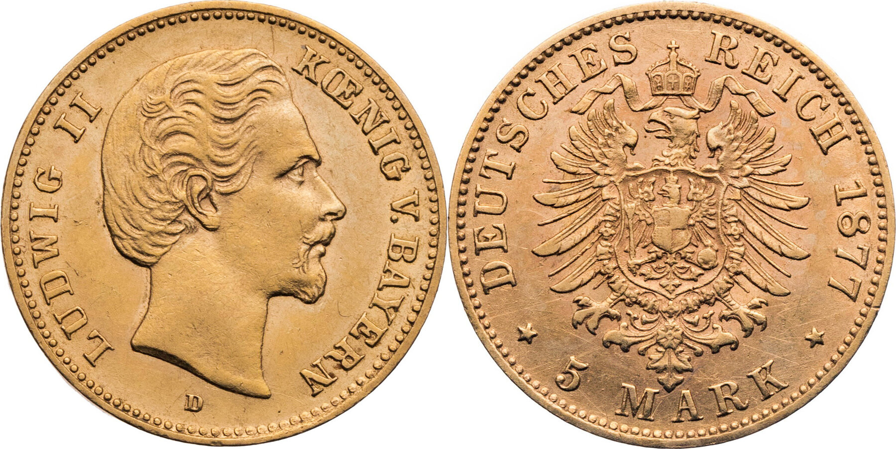 Kaiserreich, Bayern 5 Mark 1877 D Ludwig II. (1864-1886) - Kursmünze ...
