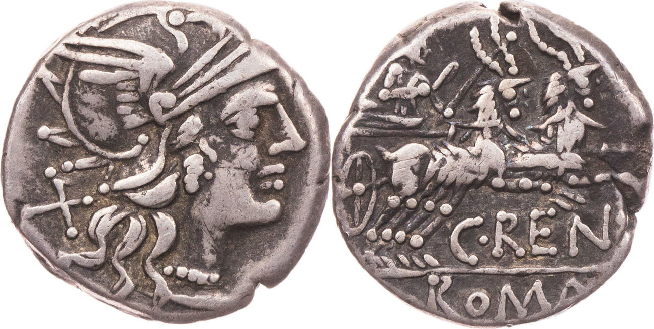 Römische Republik Denar 138 v. Chr. C. Renius, Kopf der Roma / Iuno ...