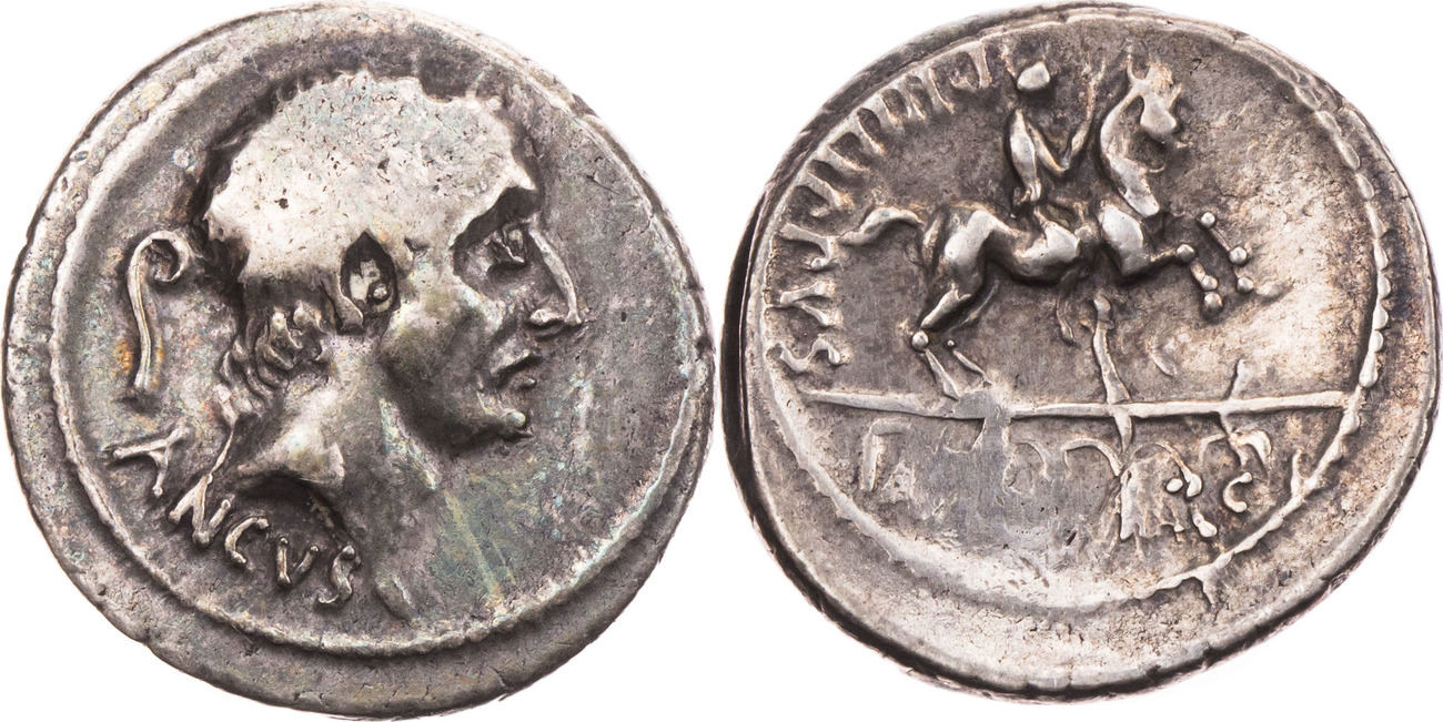 Römische Republik Denar 56 v. Chr. L. Marcius Philippus, Kopf des Ancus ...