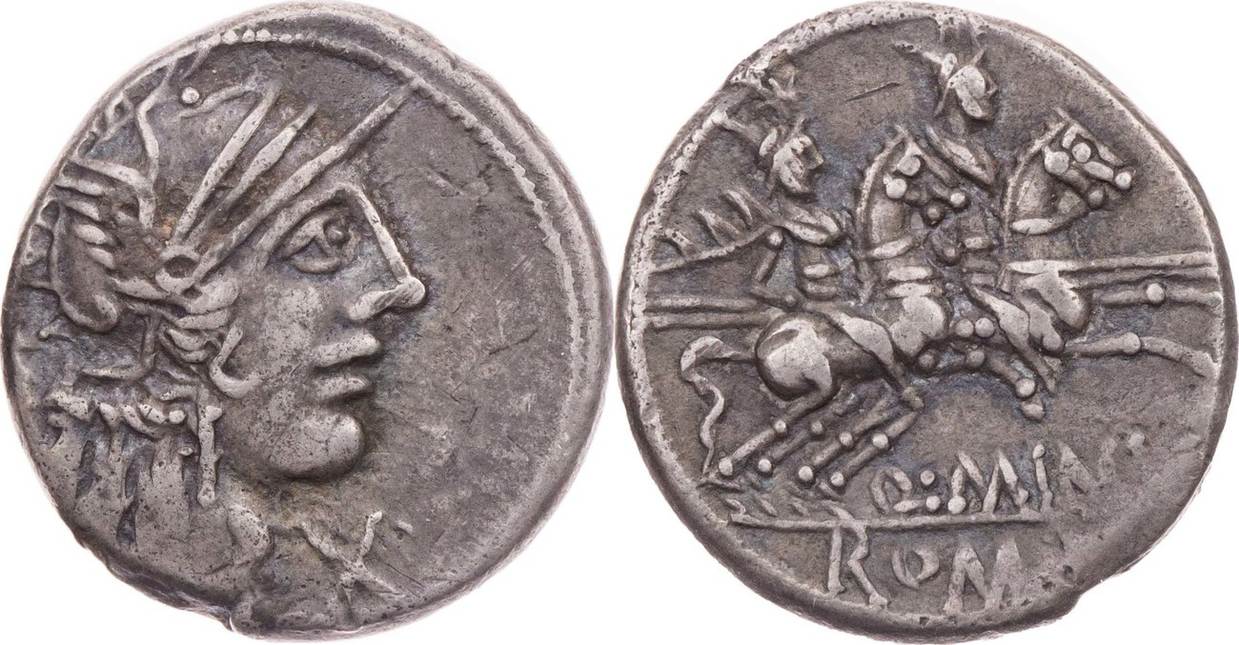 Römische Republik Denar 122 v. Chr. Q. Minucius Rufus, Kopf der Roma ...