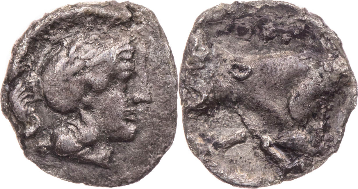 Kampanien Obol 400-350 v. Chr. Neapolis, Kopf der Athena / androkephale ...