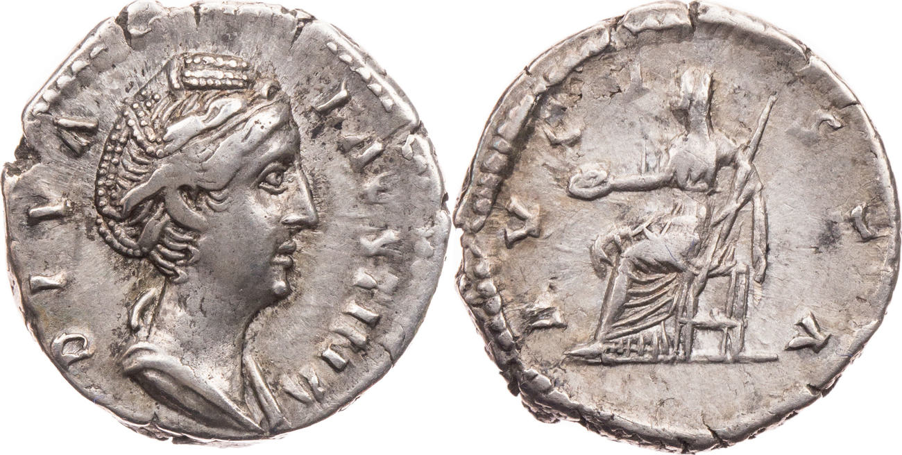 Römische Kaiserzeit Denar nach 141 n.Chr. Diva Faustina maior, Büste / AVGVSTA, Vesta mit Patera ...