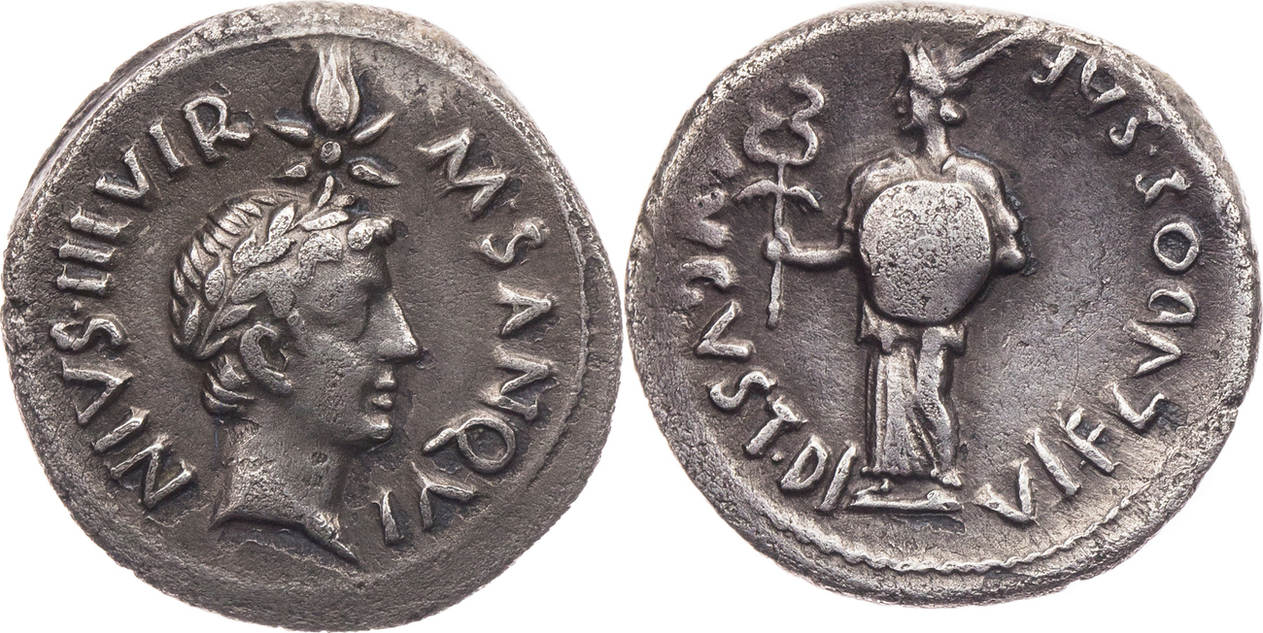 Römische Kaiserzeit Denar 17 v. Chr. Augustus, Mzm. M. Sanquinius, Kopf ...