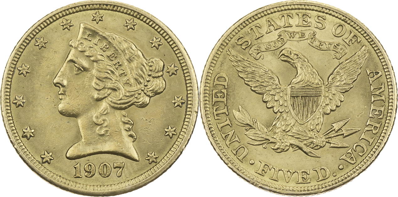 USA 5 Dollars 1907 (P) Coronet Head Eagle ss | MA-Shops