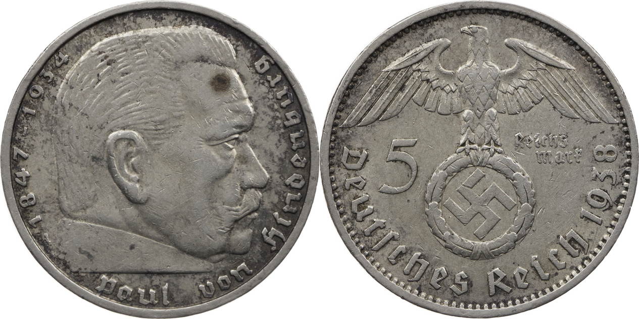 Deutschland - Drittes Reich 5 Reichsmark 1938 A Kursmünze Hindenburg ...
