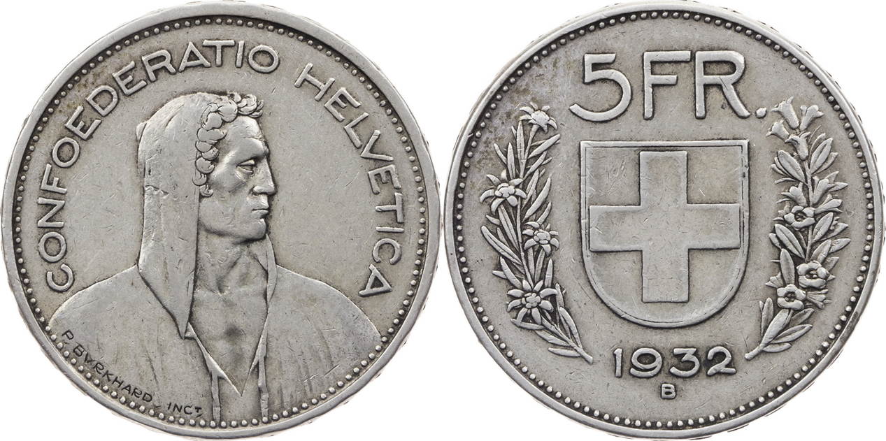 Schweiz 5 Franken 1932 B Kursmünze Alphirt ss | MA-Shops