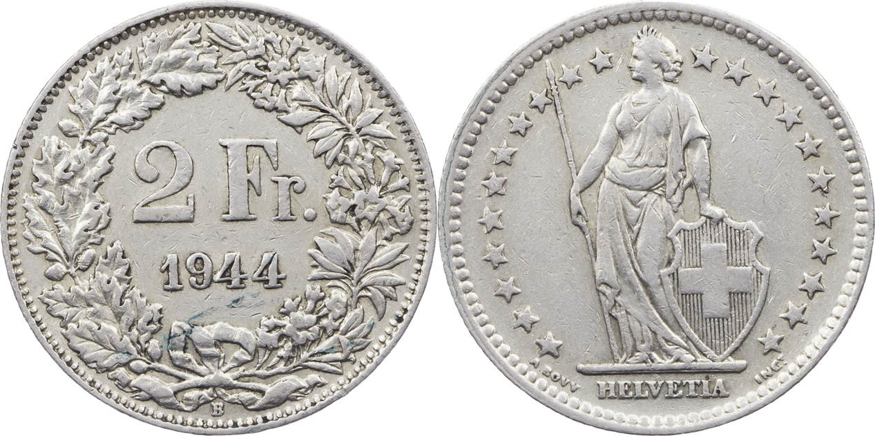 Schweiz 2 Franken 1944 B Kursmünze "Helvetia" ss | MA-Shops