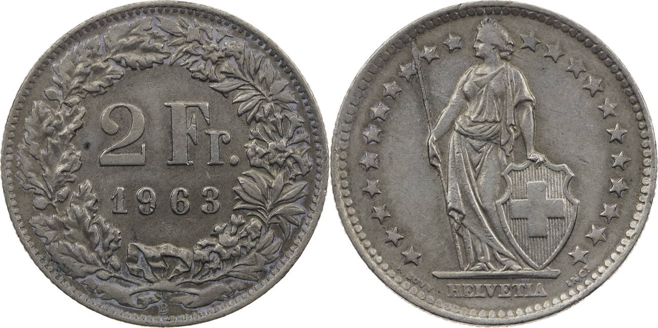 Schweiz 2 Franken 1963 B Helvetia - Kursmünze (1875-1967) ss | MA-Shops