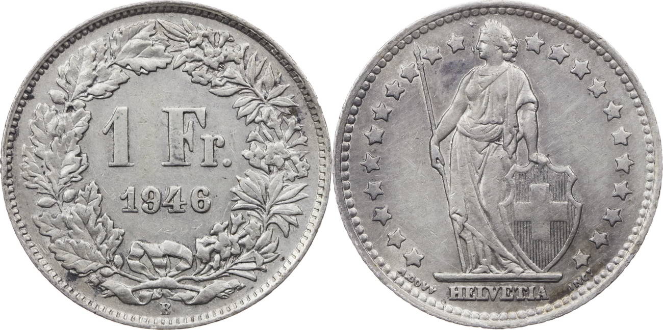 Schweiz 1 Franken 1946 B Kursmünze "Helvetia" ss | MA-Shops