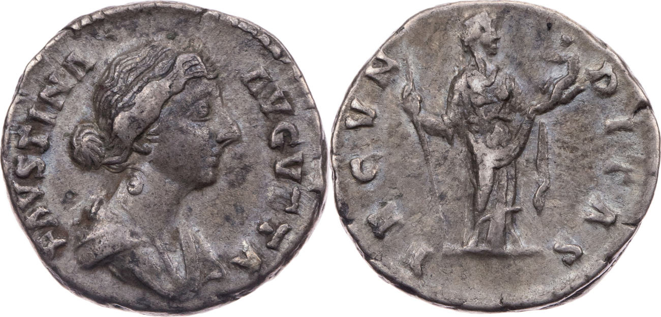 Römische Kaiserzeit Denar 161-175 n. Chr. Faustina II. minor, Büste / FECVNDITAS, Fecunditas mit ...