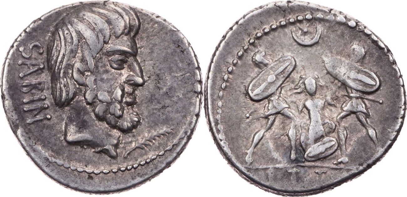 Römische Republik Denar 89 v. Chr. L. Titurius L.f. Sabinus, Kopf des ...