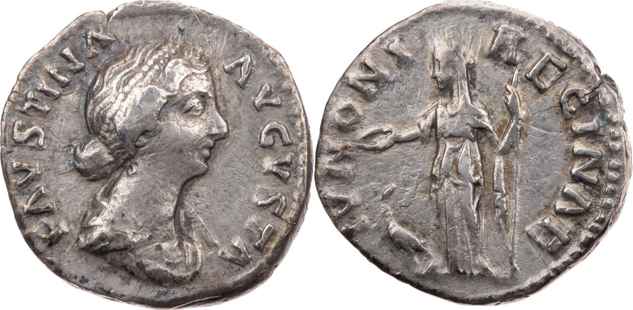 Römische Kaiserzeit Denar 161-164 n. Chr. Faustina II. minor, Büste / IVNONI REGINAE, Iuno mit ...
