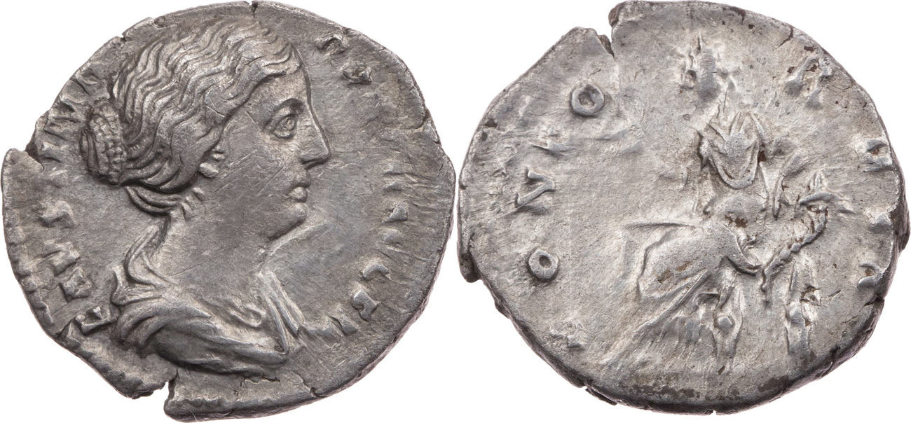 Römische Kaiserzeit Denar 147-161 n. Chr. Faustina II. minor, Büste / CONCORDIA, Concordia mit ...