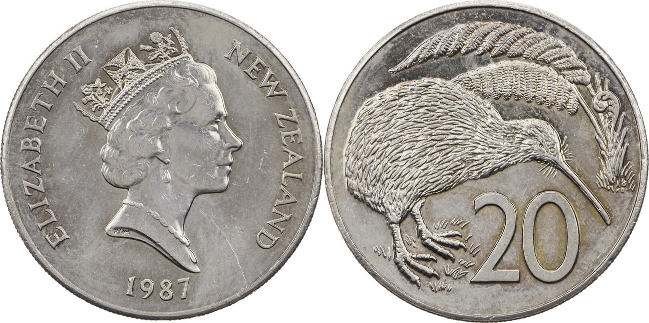 Neuseeland 20 Cents 1987 Elizabeth II 3rd portrait - Kiwi vz-st | MA-Shops
