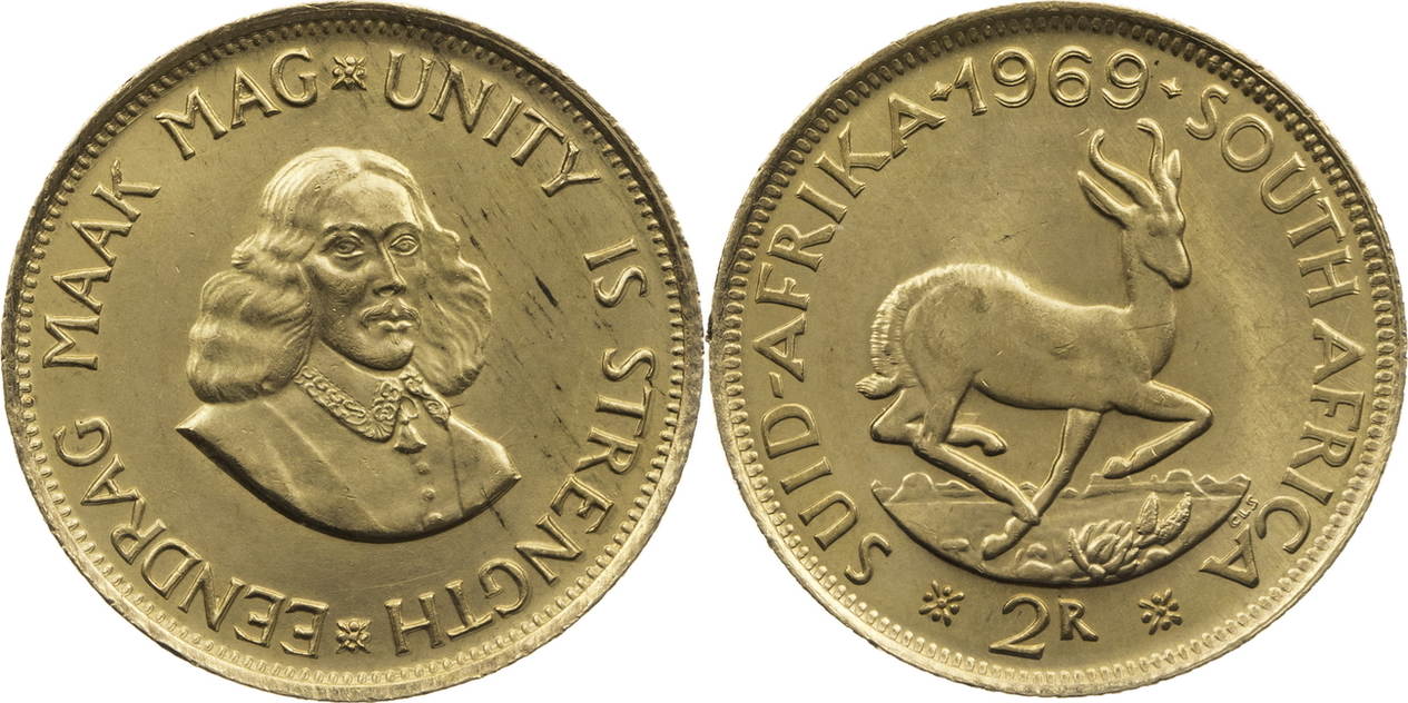 Südafrika 2 Rand 1969 Jan van Riebeek / Springbock vz-st | MA-Shops