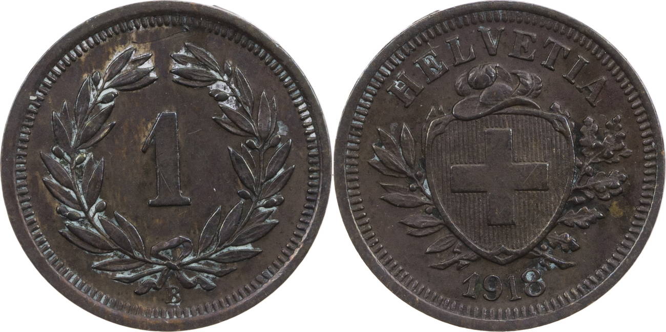 Schweiz 1 Rappen 1918 B Kursmünze (1850-1941) ss-vz, Belag/Oxydiert | MA-Shops