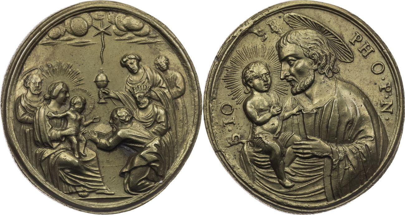 Heiligenmedaille 18. Jh. Hl. Josef - Anbetung der hl. Drei Könige - Ex ...