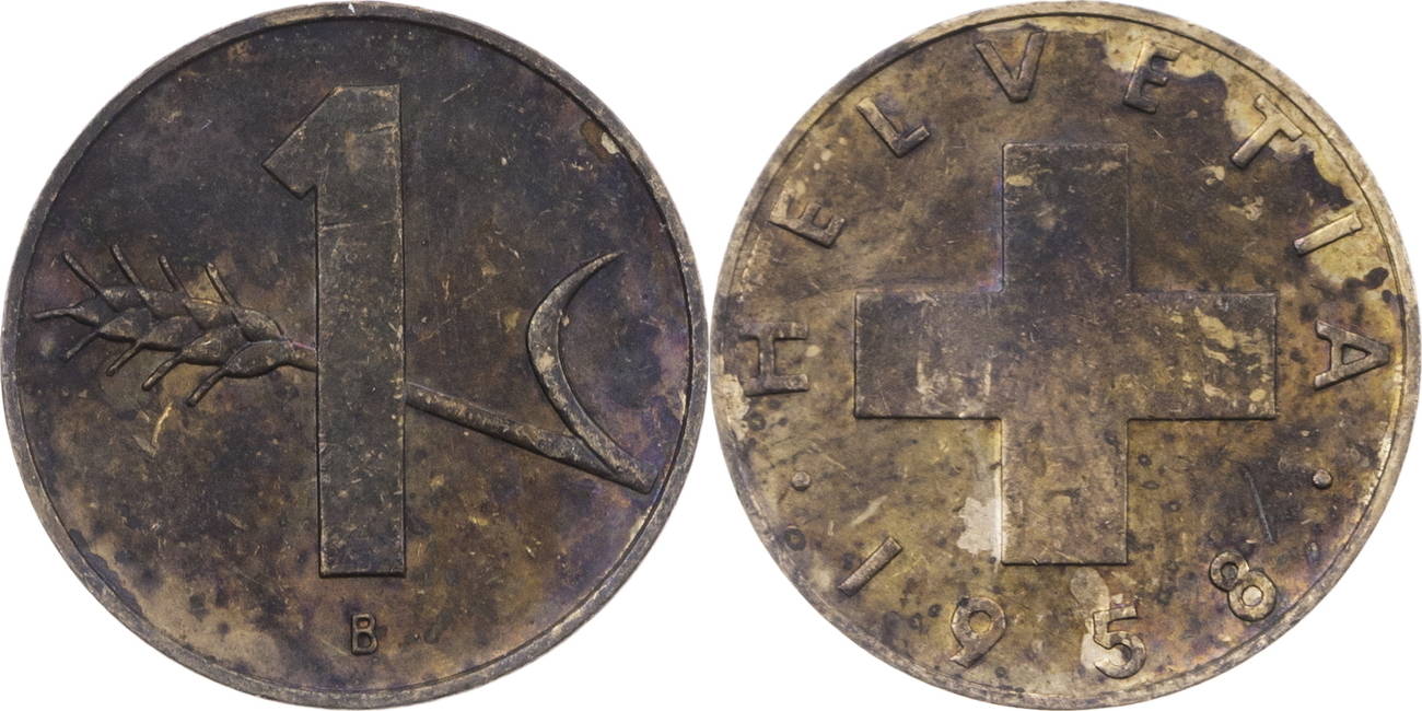 Schweiz 1 Rappen 1958 B Kursmünze (1850-1941) ss-vz, angelaufen | MA-Shops