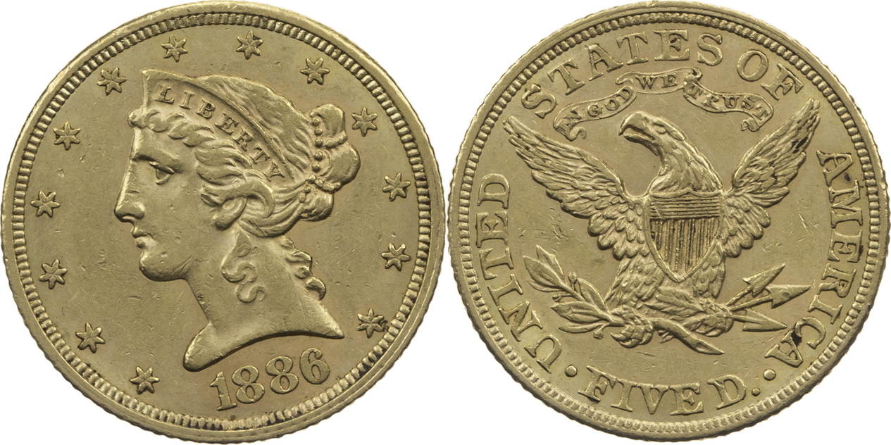 USA 5 Dollars 1886 Liberty Coronet Head - Half Eagle ss-vz, Kratzer | MA-Shops