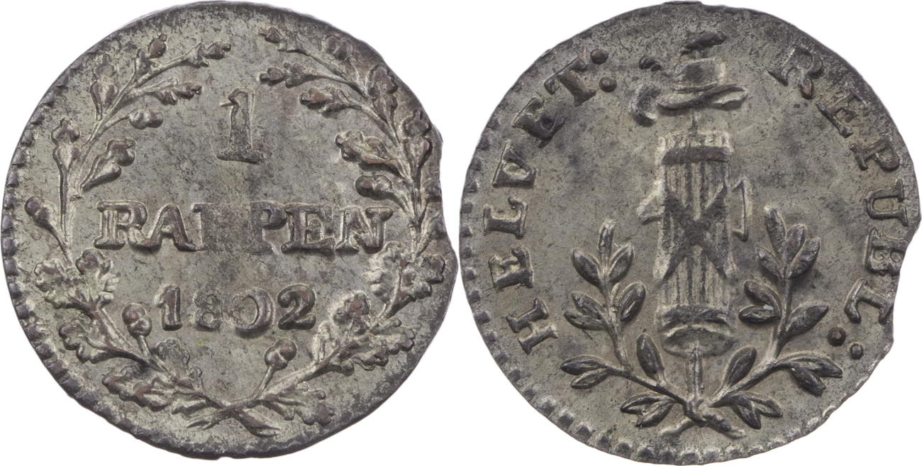 Schweiz 1 Rappen 1802 Helvetische Republik ss-vz, Zainende | MA-Shops