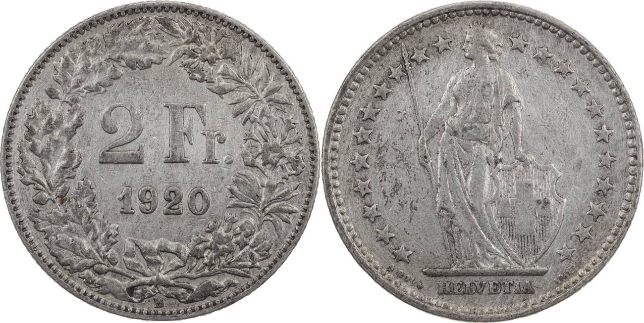 Schweiz 2 Franken 1920 B Kursmünze Helvetia ss | MA-Shops