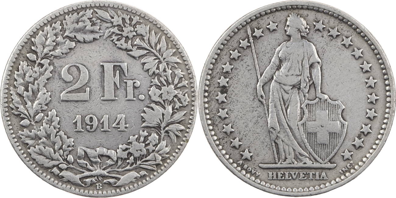 Schweiz 2 Franken 1914 B Kursmünze Helvetia ss | MA-Shops