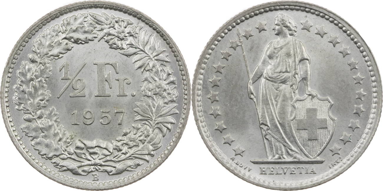 Schweiz ½ Franken 1957 B Helvetia - Kursmünze (1875-1967) vz | MA-Shops