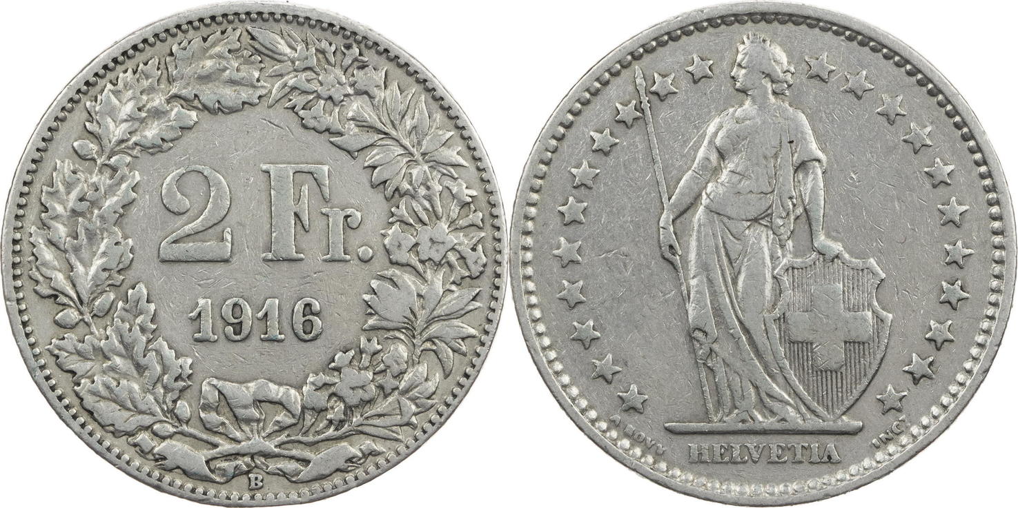 Schweiz 2 Franken 1916 B Helvetia - Kursmünze (1874-1967) ss | MA-Shops