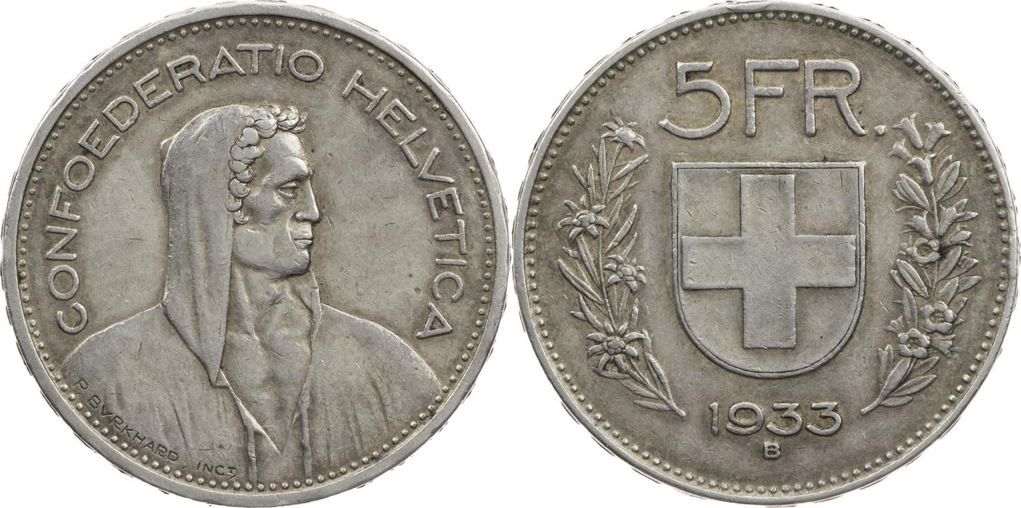 Schweiz 5 Franken 1933 B Kursmünze Alphirt - Kursmünze (1931-1969) ss ...