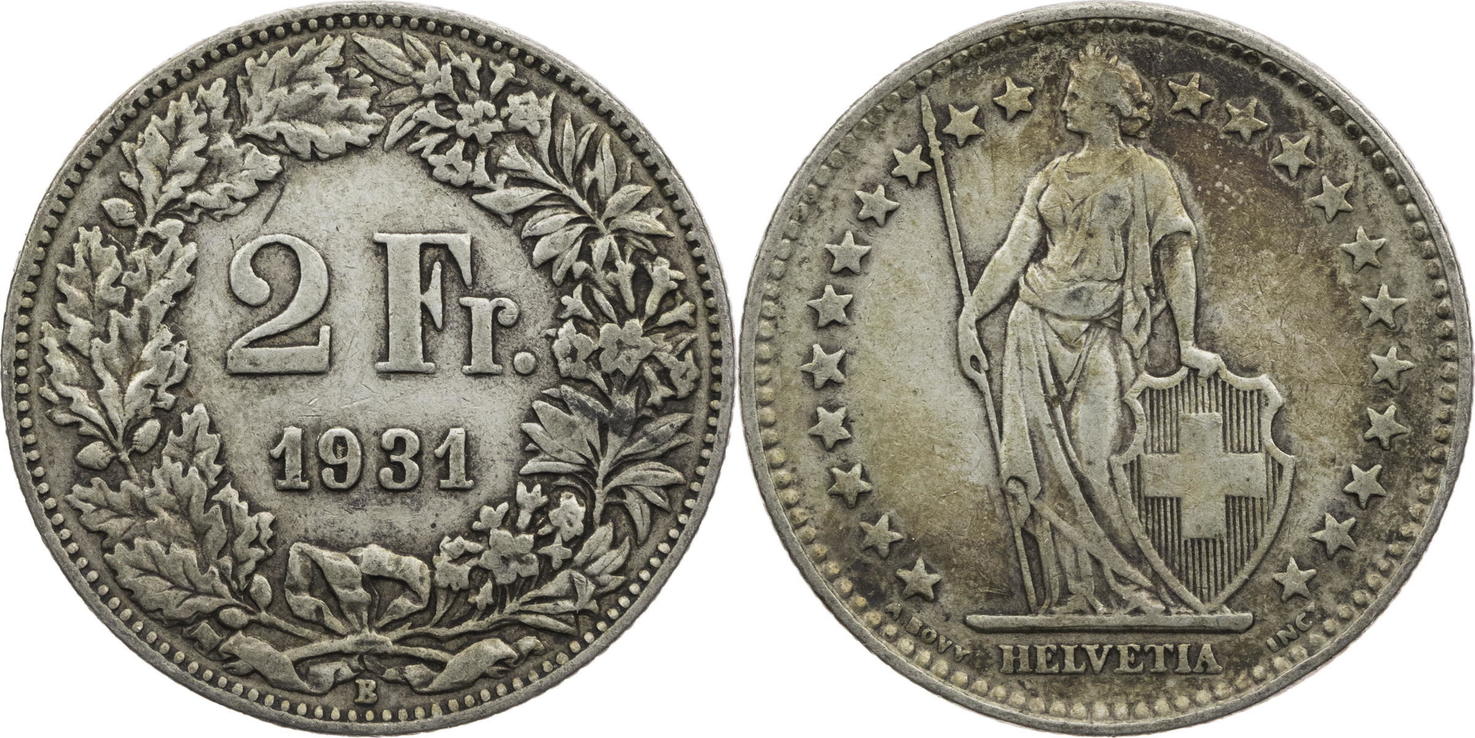 Schweiz 2 Franken 1931 B Helvetia - Kursmünze (1874-1967) ss | MA-Shops