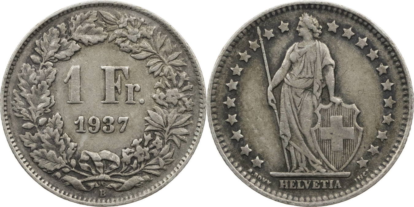 Schweiz 1 Franken 1937 B Kursmünze Helvetia ss | MA-Shops