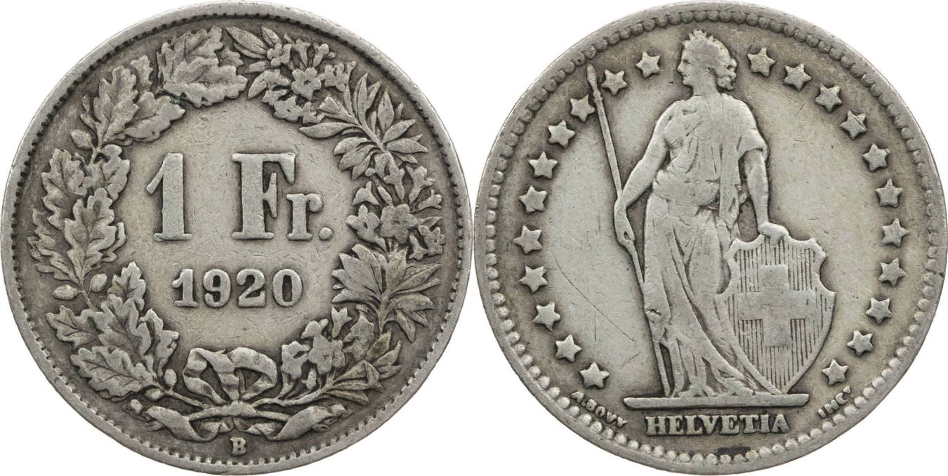 Schweiz 1 Franken 1920 B Helvetia - Kursmünze (1875-1967) ss | MA-Shops