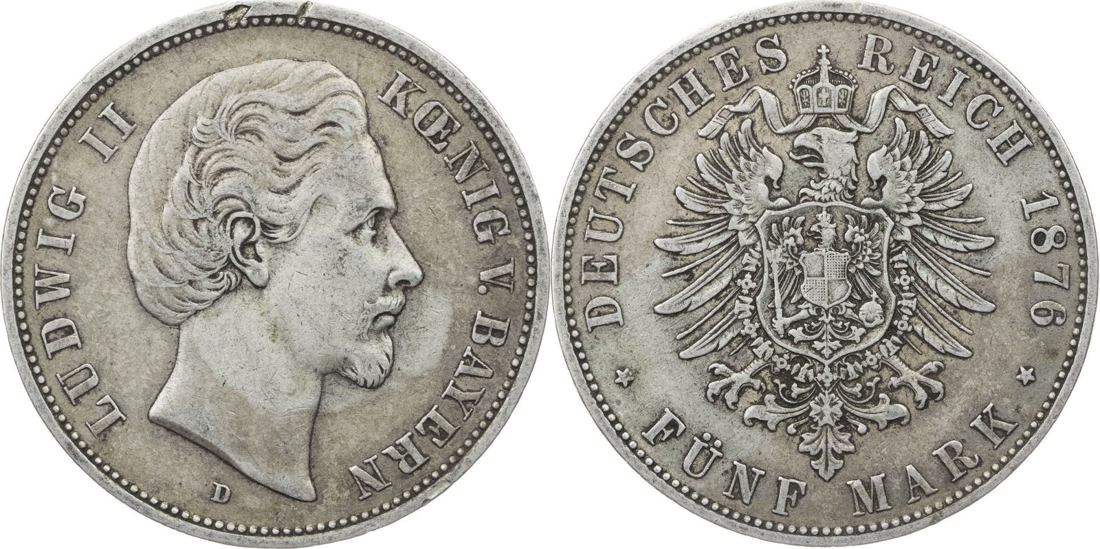 Kaiserreich - Bayern 5 Mark 1876 D Ludwig II. von Bayern (1864-1886 ...