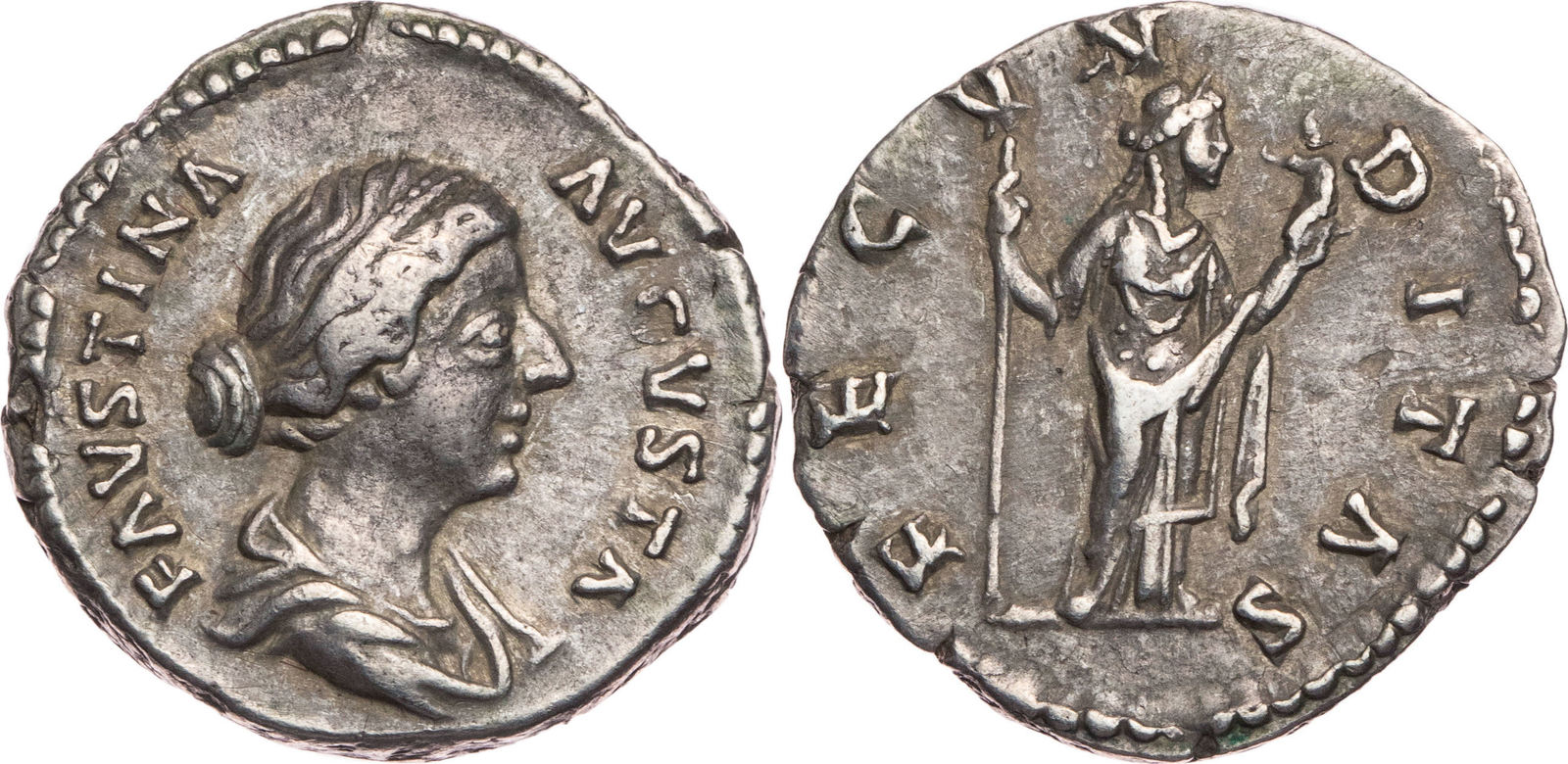 Römische Kaiserzeit Denar 161-175 n. Chr. Faustina II. minor, Büste / FECVNDITAS, Fecunditas mit ...