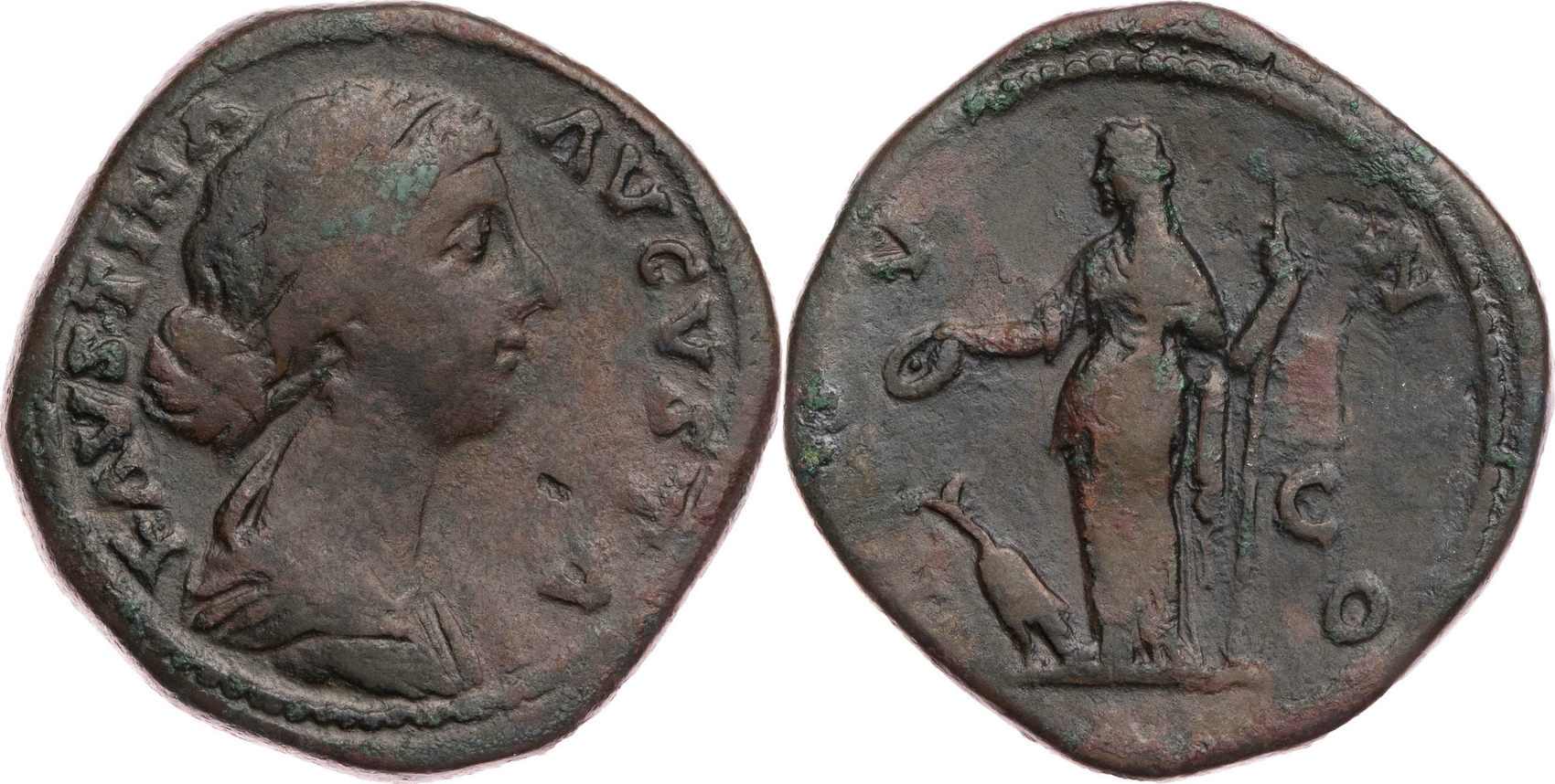 Römische Kaiserzeit Sesterz 161-164 n. Chr. Faustina II., Büste / IVNO, Iuno mit Patera, Szepter ...