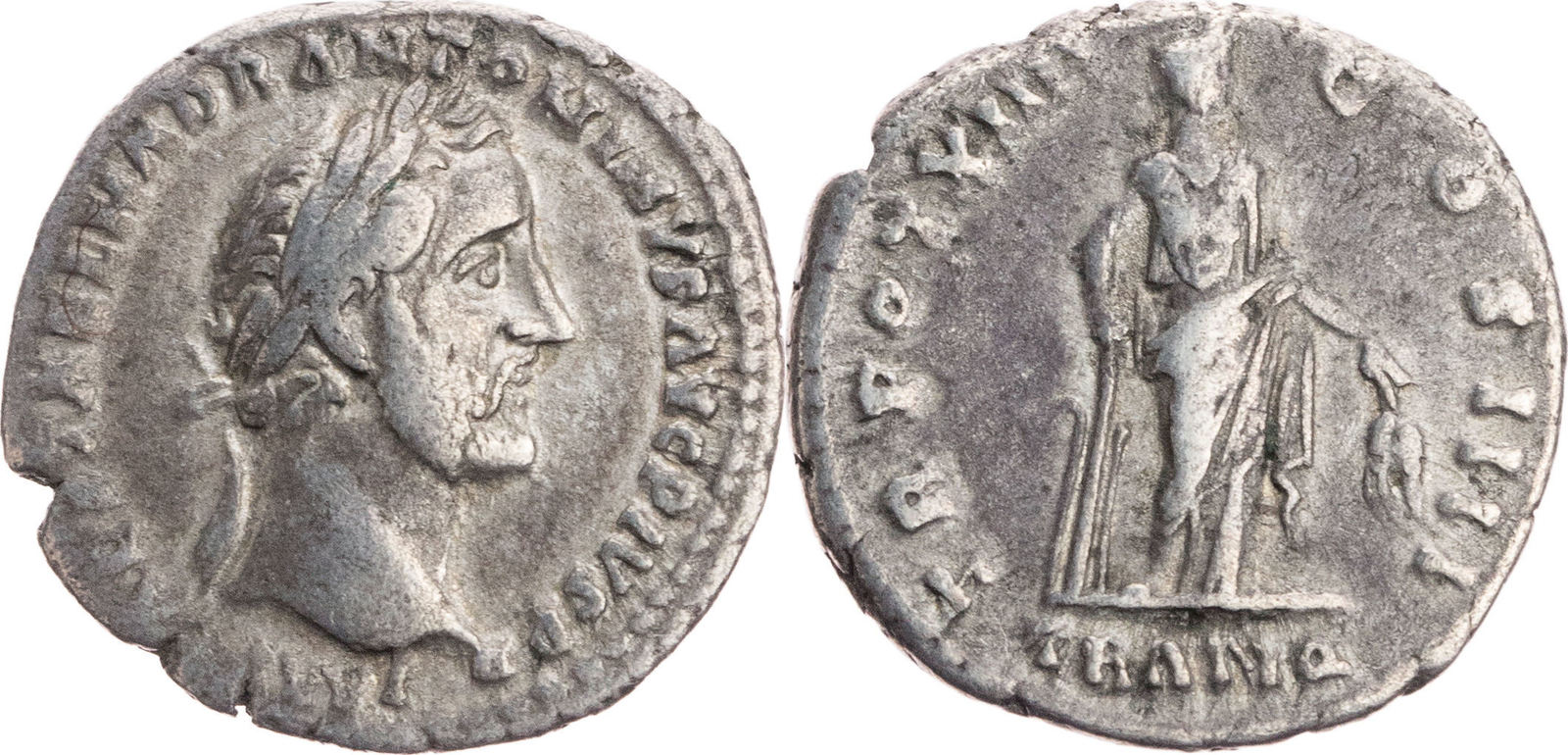 Römische Kaiserzeit Denar 150-151 n. Chr. Antoninus Pius, Kopf / TRANQ, Tranquillitas mit Ruder ...