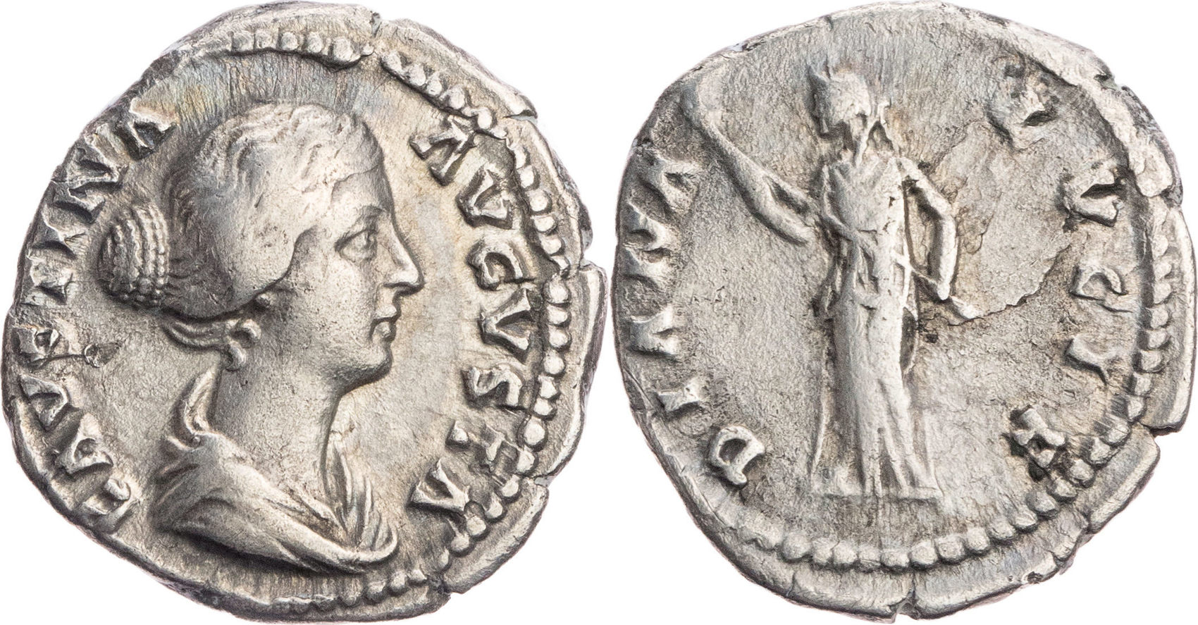 Römische Kaiserzeit Denar 161-175 n. Chr. Faustina II. minor, Büste / DIANA LVCIF, Diana mit ...